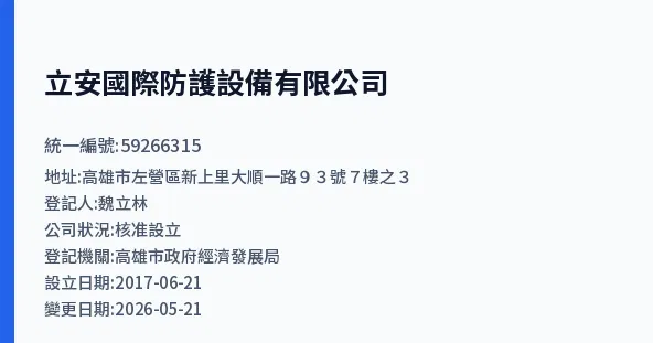 立安國際防護設備有限公司的照片-統編 59266315(高雄市) 公司登記資料與營業項目詳細圖表
