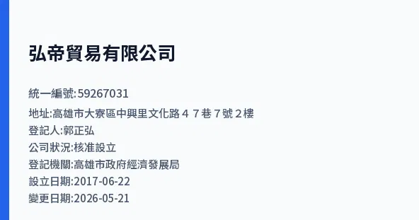 弘帝貿易有限公司的照片-統編 59267031(高雄市) 公司登記資料與營業項目詳細圖表
