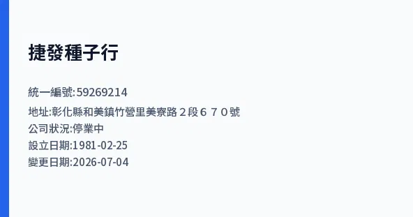 捷發種子行的照片-統編 59269214(彰化縣) 公司登記資料與營業項目詳細圖表