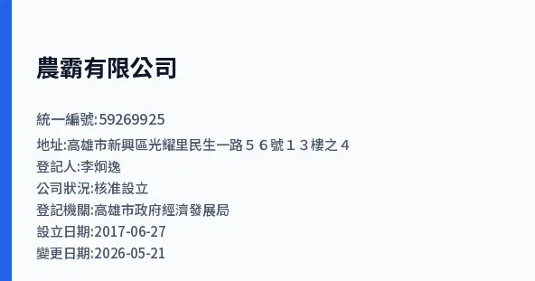 農霸有限公司的照片-統編 59269925(高雄市) 公司登記資料與營業項目詳細圖表