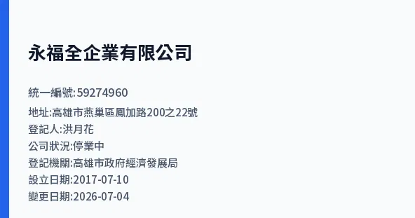 永福全企業有限公司的照片-統編 59274960(高雄市) 公司登記資料與營業項目詳細圖表