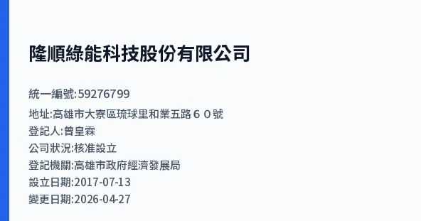 隆順綠能科技股份有限公司的照片-統編 59276799(高雄市) 公司登記資料與營業項目詳細圖表