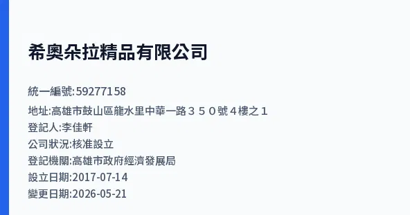 希奧朵拉精品有限公司的照片-統編 59277158(高雄市) 公司登記資料與營業項目詳細圖表