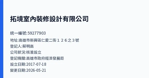 拓境室內裝修設計有限公司的照片-統編 59277903(高雄市) 公司登記資料與營業項目詳細圖表