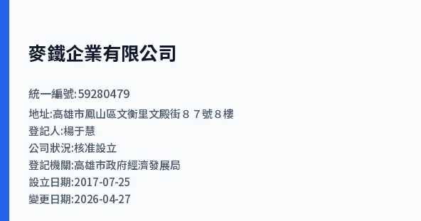 麥鐵企業有限公司的照片-統編 59280479(高雄市) 公司登記資料與營業項目詳細圖表