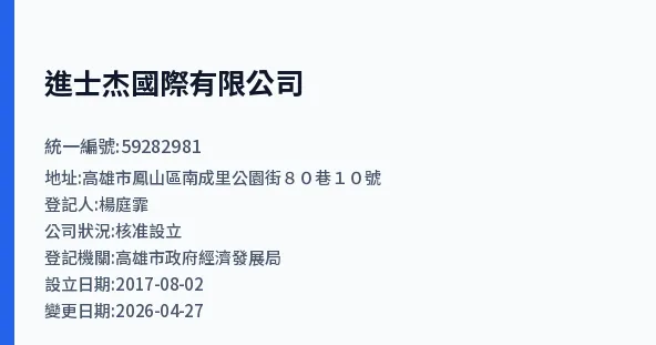 進士杰國際有限公司的照片-統編 59282981(高雄市) 公司登記資料與營業項目詳細圖表