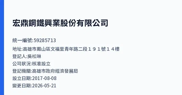 宏鼎鋼鐵興業股份有限公司的照片-統編 59285713(高雄市) 公司登記資料與營業項目詳細圖表