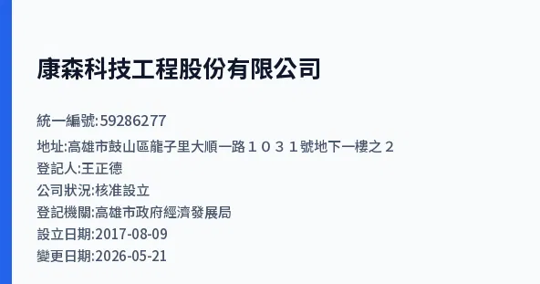 康森科技工程股份有限公司的照片-統編 59286277(高雄市) 公司登記資料與營業項目詳細圖表