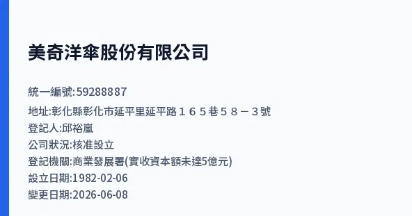 美奇洋傘股份有限公司的照片-統編 59288887(彰化縣) 公司登記資料與營業項目詳細圖表