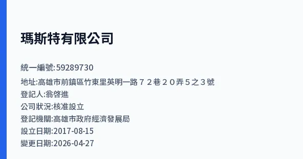 瑪斯特有限公司的照片-統編 59289730(高雄市) 公司登記資料與營業項目詳細圖表