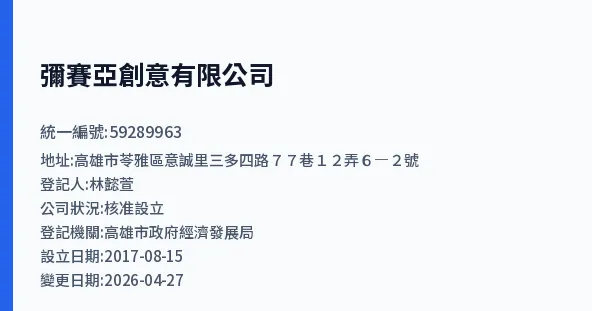 彌賽亞創意有限公司的照片-統編 59289963(高雄市) 公司登記資料與營業項目詳細圖表
