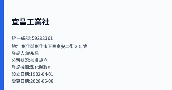 宜昌工業社的照片-統編 59292361(彰化縣) 公司登記資料與營業項目詳細圖表