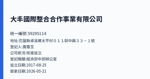 大丰國際整合合作事業有限公司的照片-統編 59295114(花蓮縣) 公司登記資料與營業項目詳細圖表