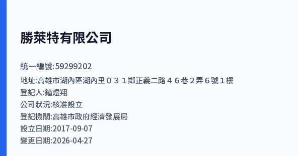 勝萊特有限公司的照片-統編 59299202(高雄市) 公司登記資料與營業項目詳細圖表