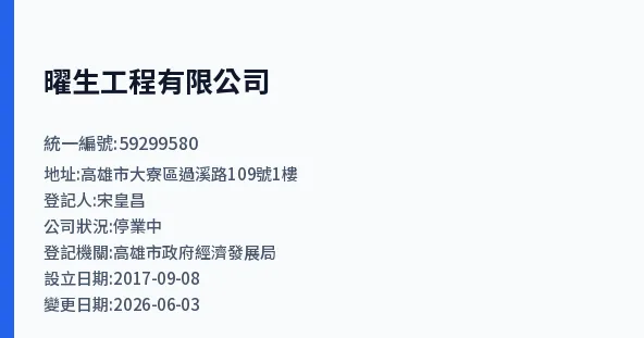 曜生工程有限公司的照片-統編 59299580(高雄市) 公司登記資料與營業項目詳細圖表
