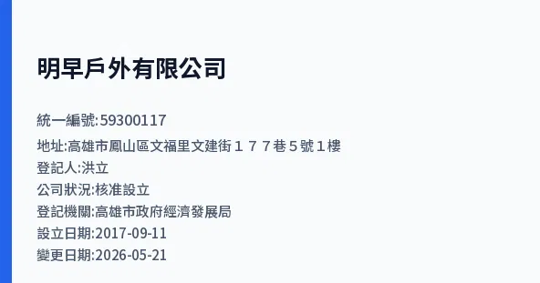 明早戶外有限公司的照片-統編 59300117(高雄市) 公司登記資料與營業項目詳細圖表