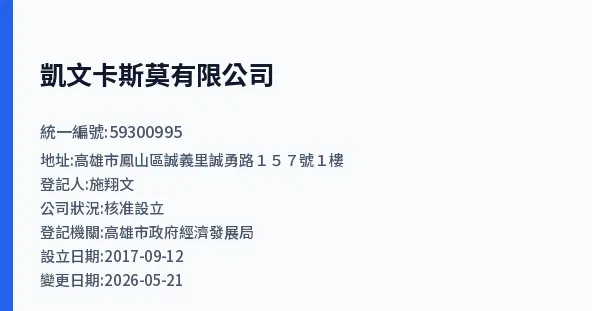 凱文卡斯莫有限公司的照片-統編 59300995(高雄市) 公司登記資料與營業項目詳細圖表