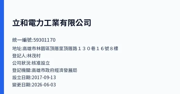 立和電力工業有限公司的照片-統編 59301170(高雄市) 公司登記資料與營業項目詳細圖表
