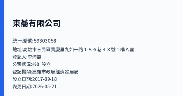 東蕎有限公司的照片-統編 59303058(高雄市) 公司登記資料與營業項目詳細圖表