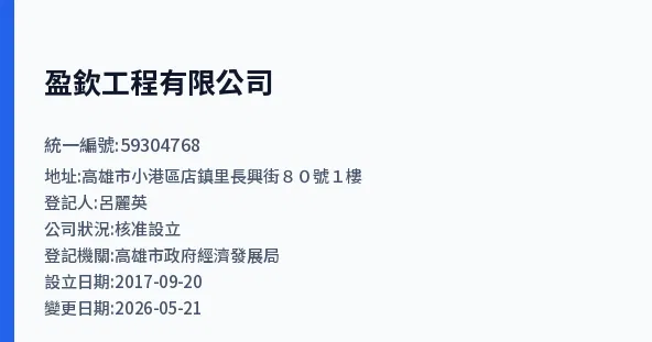 盈欽工程有限公司的照片-統編 59304768(高雄市) 公司登記資料與營業項目詳細圖表