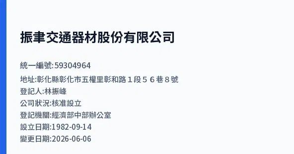 振聿交通器材股份有限公司的照片-統編 59304964(彰化縣) 公司登記資料與營業項目詳細圖表