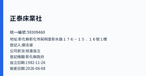 正泰床業社的照片-統編 59309460(彰化縣) 公司登記資料與營業項目詳細圖表