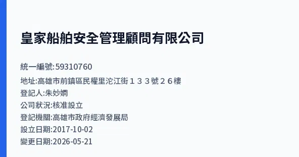 皇家船舶安全管理顧問有限公司的照片-統編 59310760(高雄市) 公司登記資料與營業項目詳細圖表