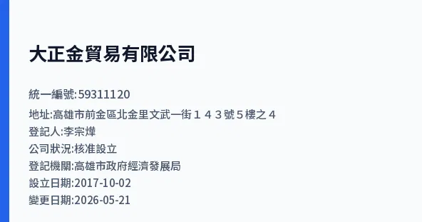 大正金貿易有限公司的照片-統編 59311120(高雄市) 公司登記資料與營業項目詳細圖表