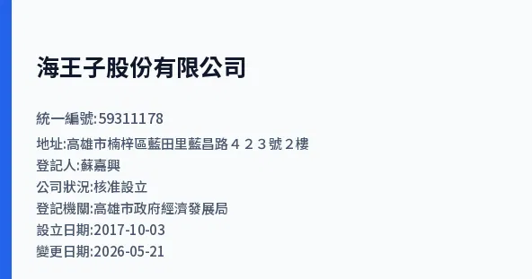 海王子股份有限公司的照片-統編 59311178(高雄市) 公司登記資料與營業項目詳細圖表