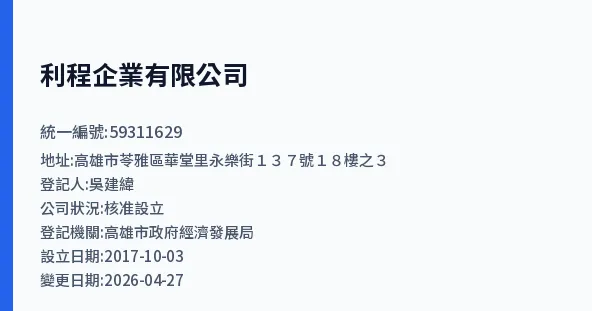 利程企業有限公司的照片-統編 59311629(高雄市) 公司登記資料與營業項目詳細圖表