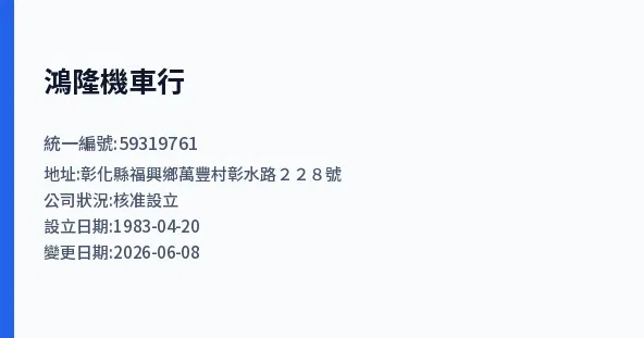 鴻隆機車行的照片-統編 59319761(彰化縣) 公司登記資料與營業項目詳細圖表