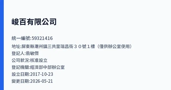 峻百有限公司的照片-統編 59321416(屏東縣) 公司登記資料與營業項目詳細圖表
