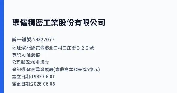 聚儷精密工業股份有限公司的照片-統編 59322077(彰化縣) 公司登記資料與營業項目詳細圖表