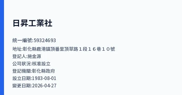 日昇工業社的照片-統編 59324693(彰化縣) 公司登記資料與營業項目詳細圖表