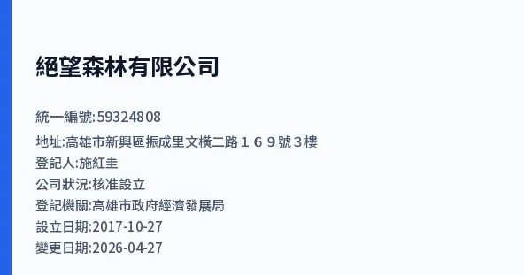 絕望森林有限公司的照片-統編 59324808(高雄市) 公司登記資料與營業項目詳細圖表