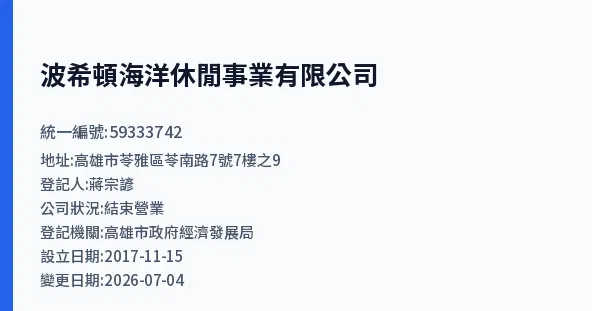 波希頓海洋休閒事業有限公司的照片-統編 59333742(高雄市) 公司登記資料與營業項目詳細圖表