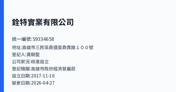 銓特實業有限公司的照片-統編 59334658(高雄市) 公司登記資料與營業項目詳細圖表