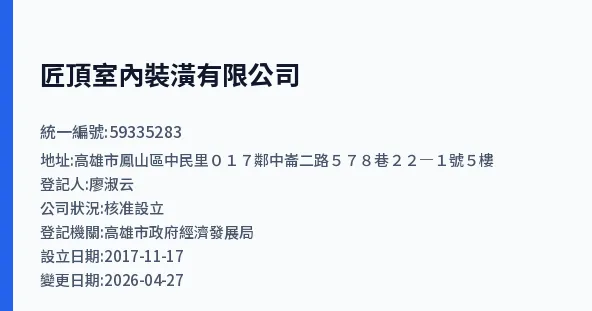 匠頂室內裝潢有限公司的照片-統編 59335283(高雄市) 公司登記資料與營業項目詳細圖表