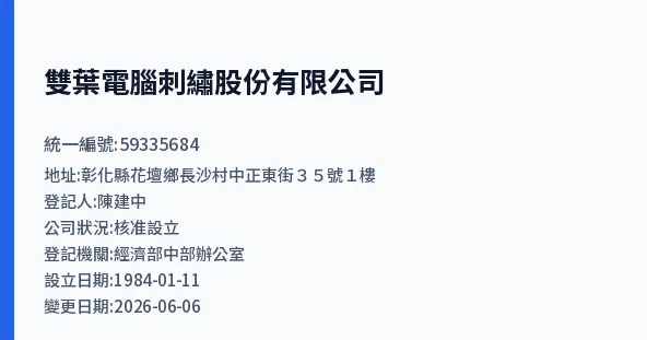 雙葉電腦刺繡股份有限公司的照片-統編 59335684(彰化縣) 公司登記資料與營業項目詳細圖表