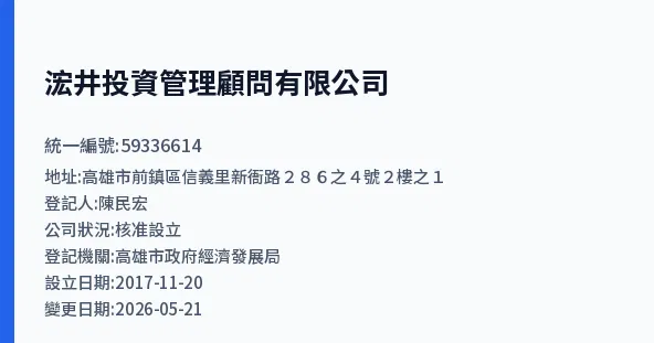 浤井投資管理顧問有限公司的照片-統編 59336614(高雄市) 公司登記資料與營業項目詳細圖表