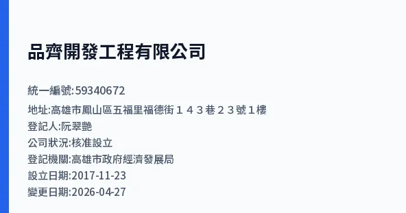 品齊開發工程有限公司的照片-統編 59340672(高雄市) 公司登記資料與營業項目詳細圖表