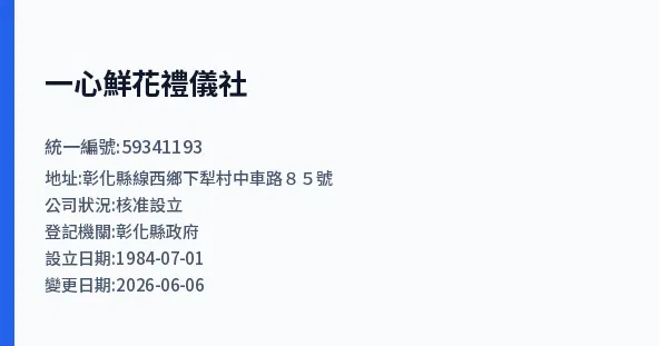 一心鮮花禮儀社的照片-統編 59341193(彰化縣) 公司登記資料與營業項目詳細圖表