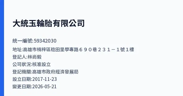 大統玉輪胎有限公司的照片-統編 59342030(高雄市) 公司登記資料與營業項目詳細圖表