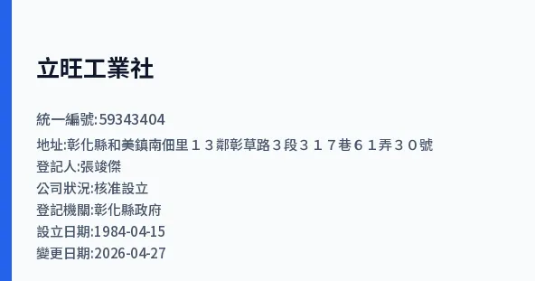 立旺工業社的照片-統編 59343404(彰化縣) 公司登記資料與營業項目詳細圖表