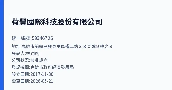 荷豐國際科技股份有限公司的照片-統編 59346726(高雄市) 公司登記資料與營業項目詳細圖表