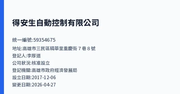 得安生自動控制有限公司的照片-統編 59354675(高雄市) 公司登記資料與營業項目詳細圖表