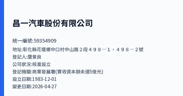 昌一汽車股份有限公司的照片-統編 59354909(彰化縣) 公司登記資料與營業項目詳細圖表