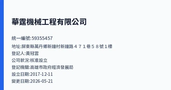 華霆機械工程有限公司的照片-統編 59355457(屏東縣) 公司登記資料與營業項目詳細圖表