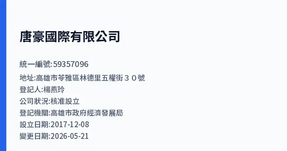 唐豪國際有限公司的照片-統編 59357096(高雄市) 公司登記資料與營業項目詳細圖表