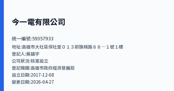 今一電有限公司的照片-統編 59357933(高雄市) 公司登記資料與營業項目詳細圖表